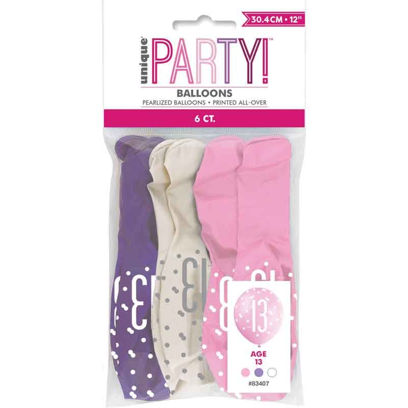 Pack of 6 Aged 13 Pink Glitz Latex Balloons – Berkshire Balloons Limited